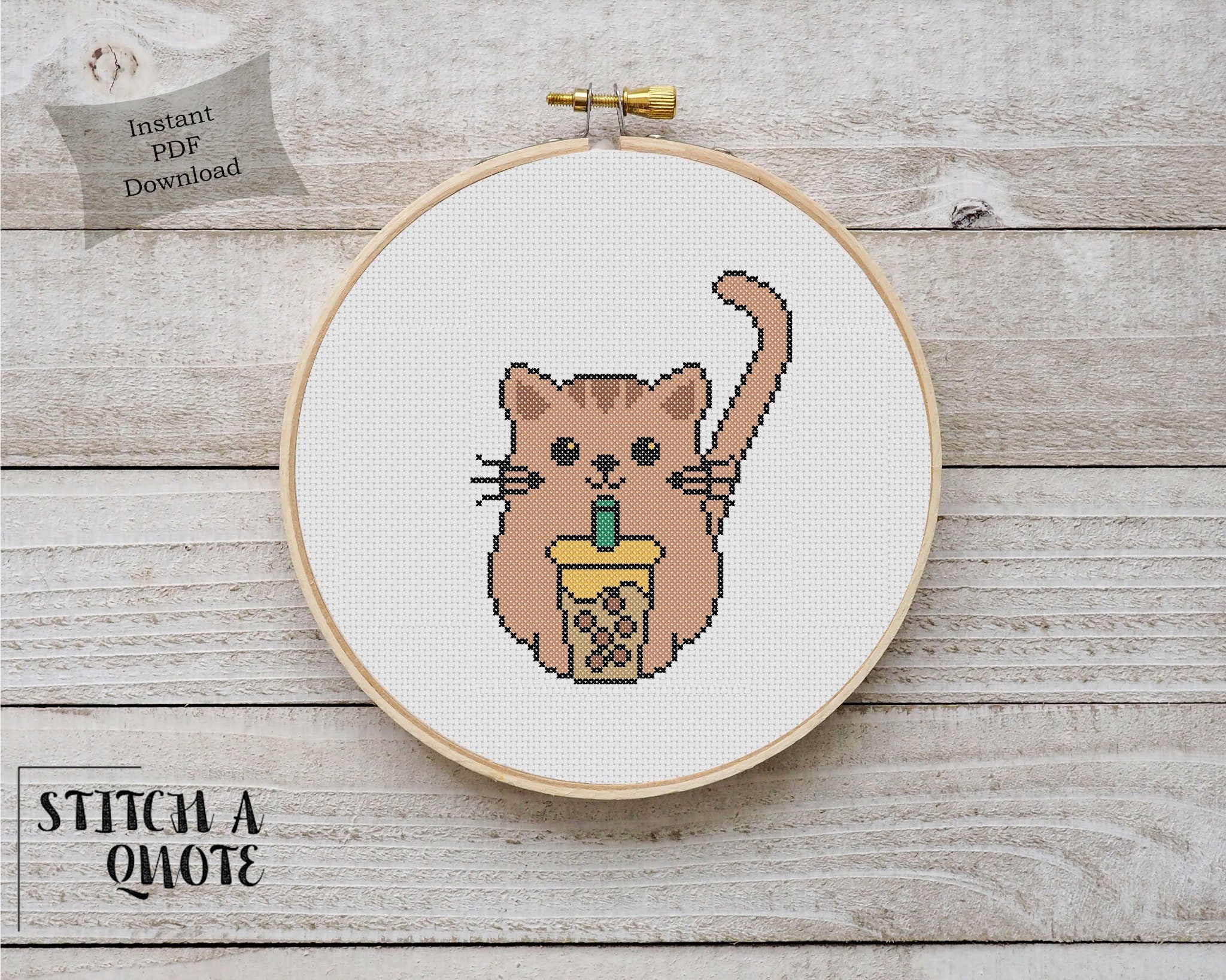 Cat and Bubble Tea Cross Stitch Pattern Modern Cross Stitch PDF Pattern Cat Cross Stitch Cat ...