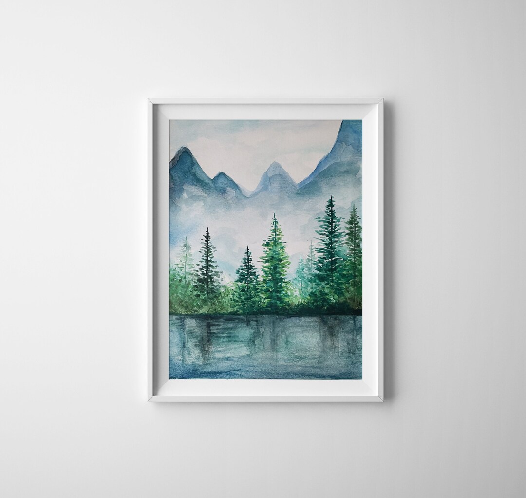 Watercolor Aquarelle forest Lake Original Painting Winter Nature ...