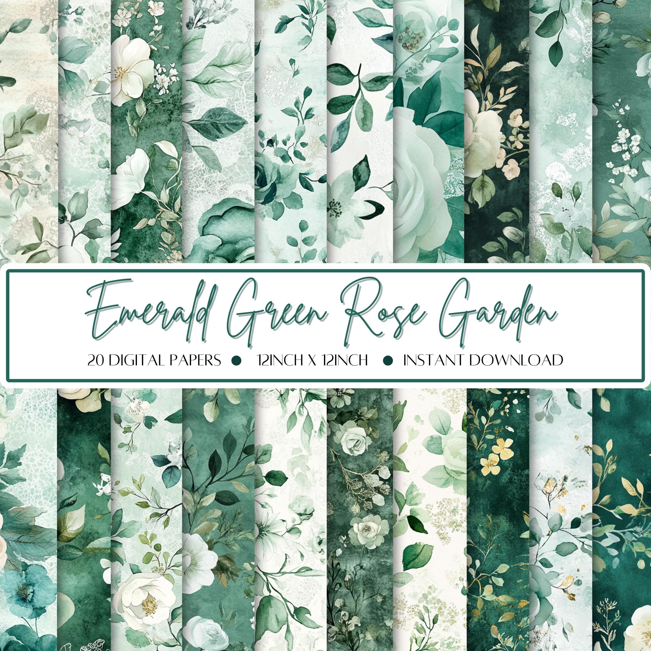 20 Emerald Green Rose Garden Watercolor Digital Paper | 12x12in Bundle ...