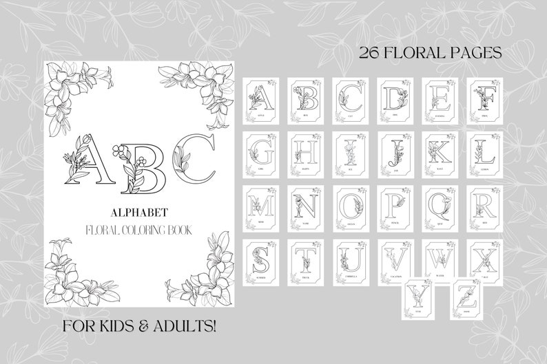 Floral Alphabet Coloring Book Printable PDF Kids Coloring Book Adults ...