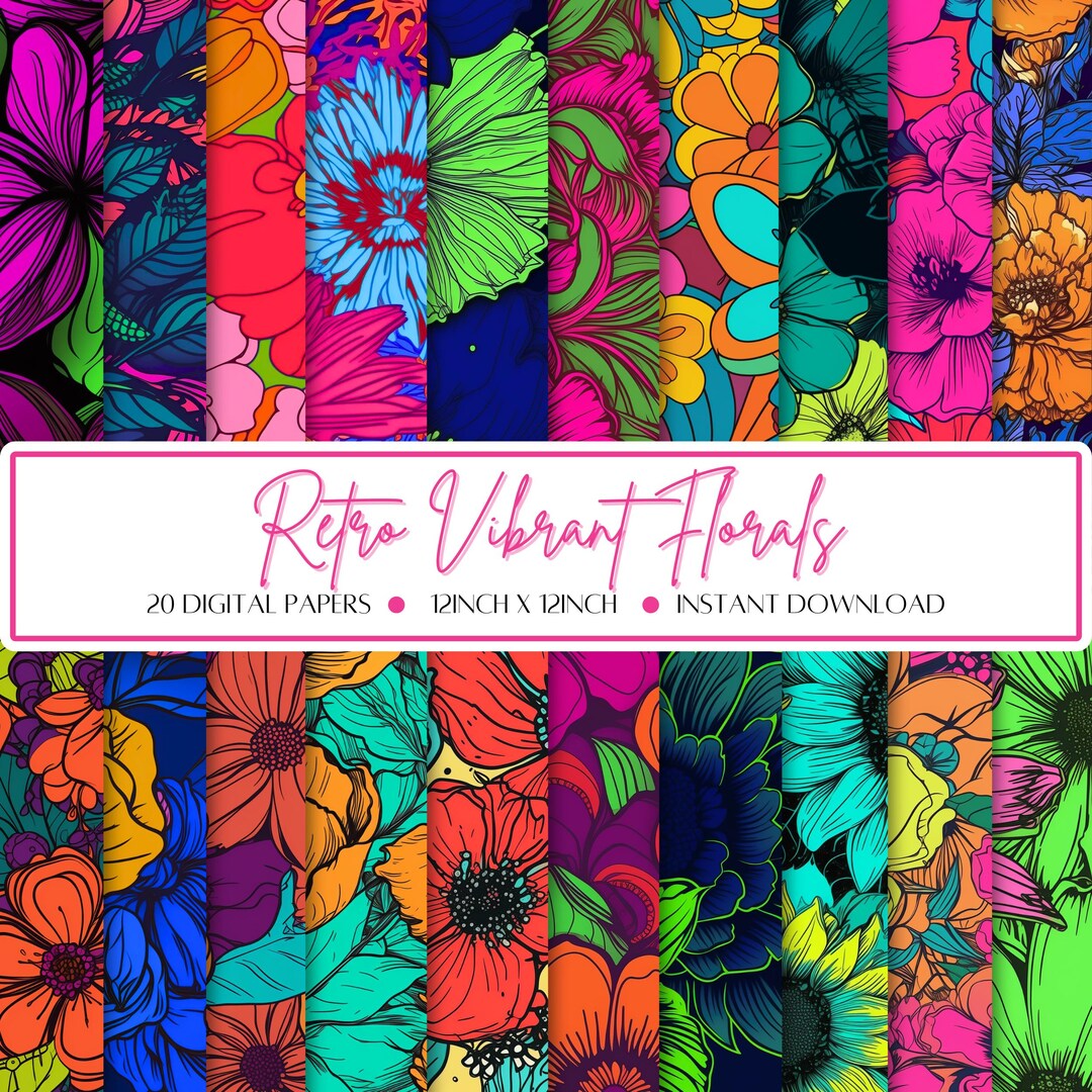 20 Retro Vibrant Florals Digital Paper | 12x12in Bundle | Commercial ...