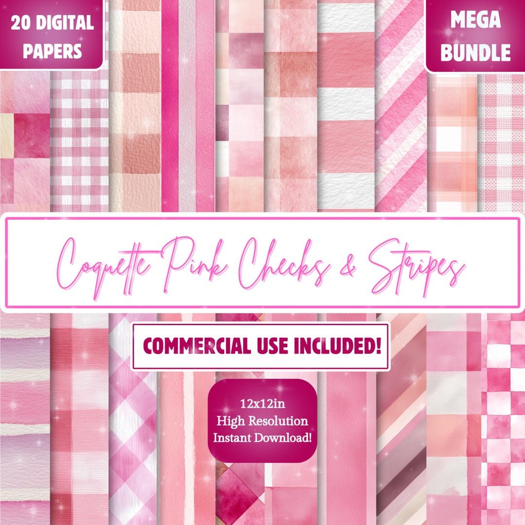Coquette Pink Digital Paper Pack | Checkered & Striped Patterns ...
