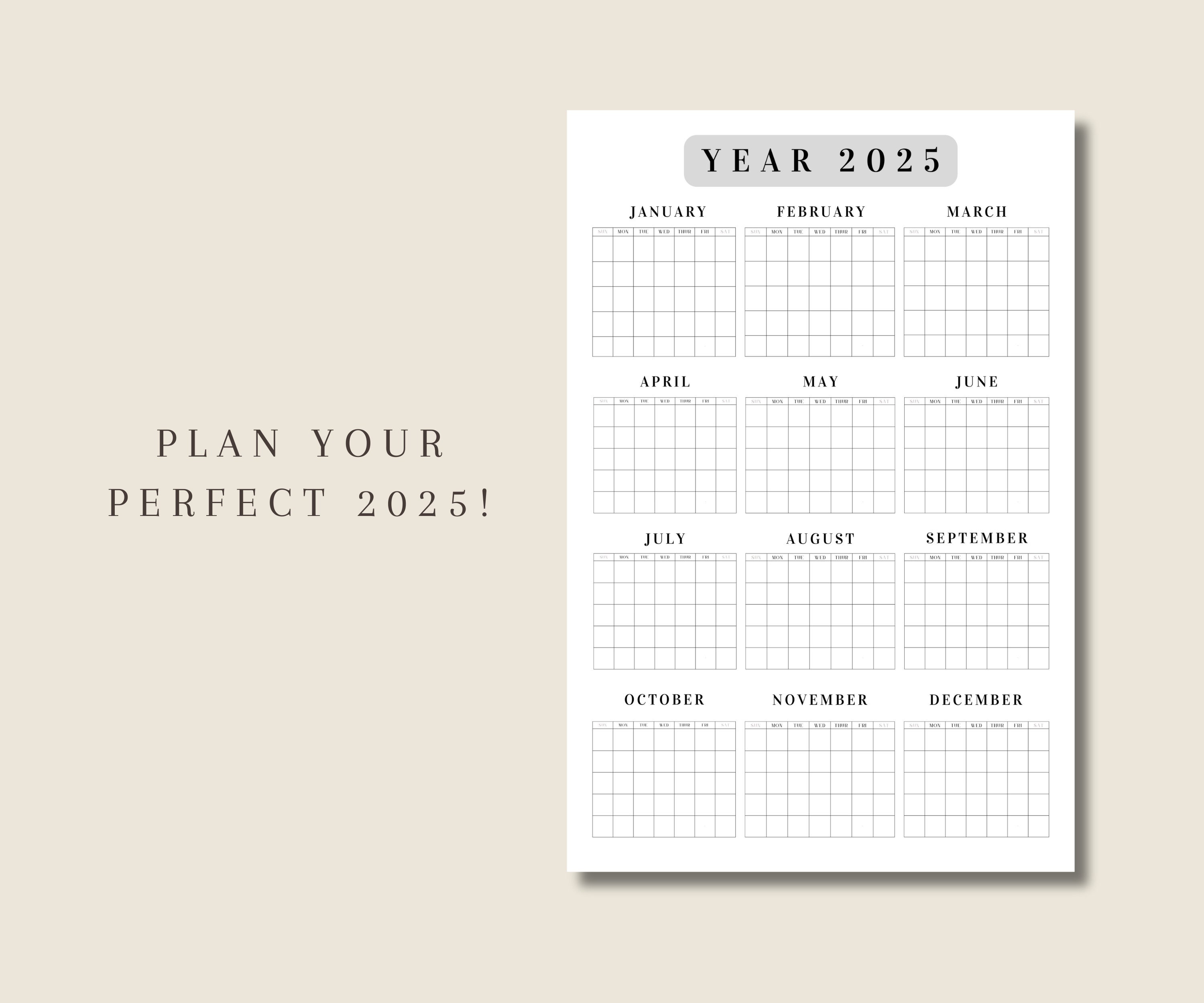 2025 Black & White Year at a Glance Wall Calendar Printable PDF | 2025 ...