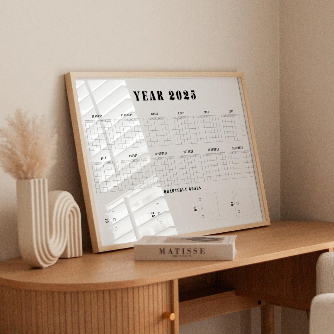 2025 Black & White Year at a Glance Horizontal Calendar Printable PNG ...