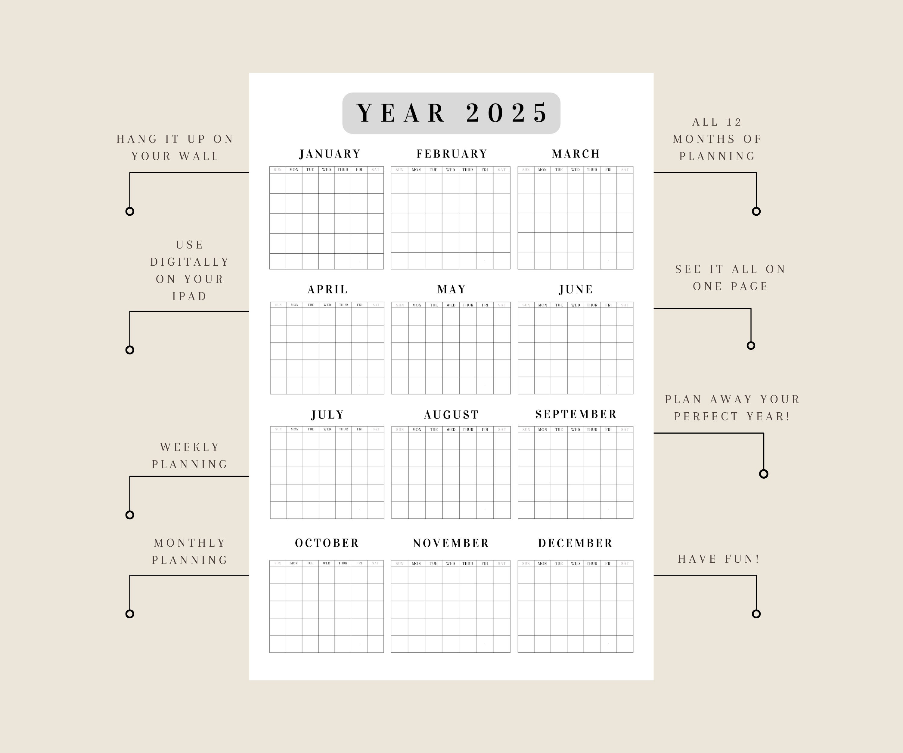 2025 Black & White Year at a Glance Wall Calendar Printable PDF | 2025 ...