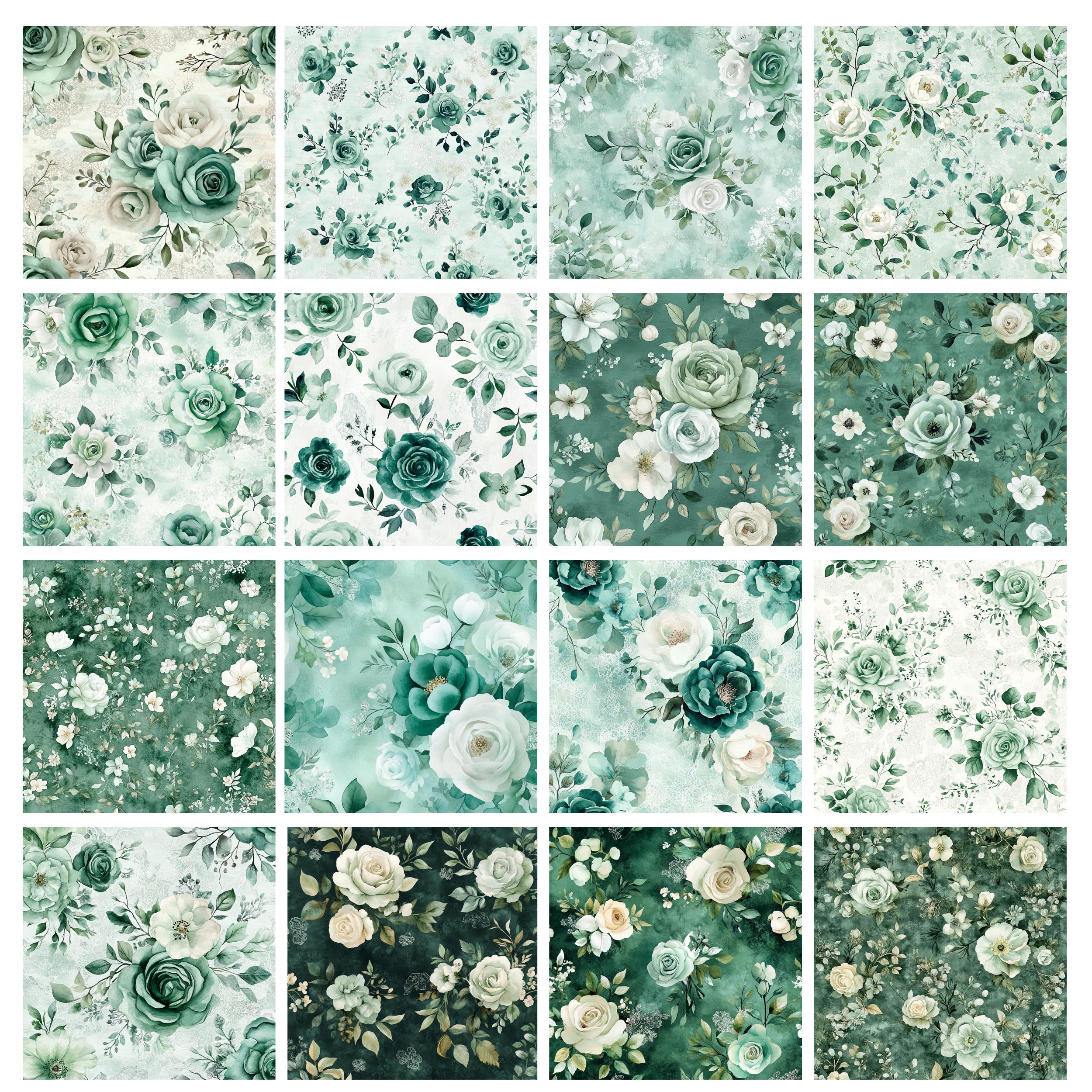 20 Emerald Green Rose Garden Watercolor Digital Paper | 12x12in Bundle ...