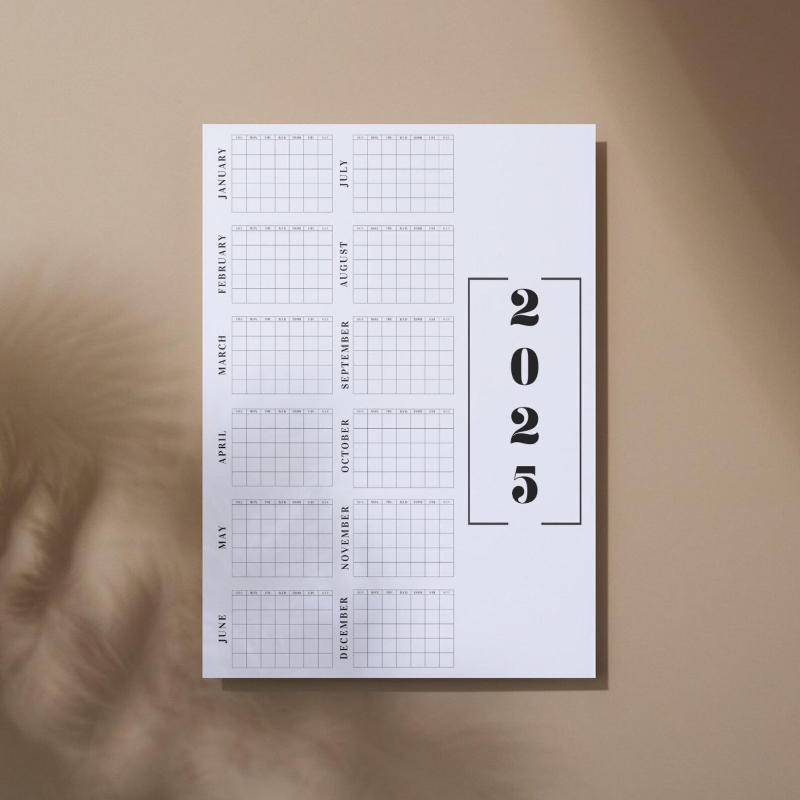 2025 Black & White Year at a Glance Wall Calendar Printable PNG | 2025 ...