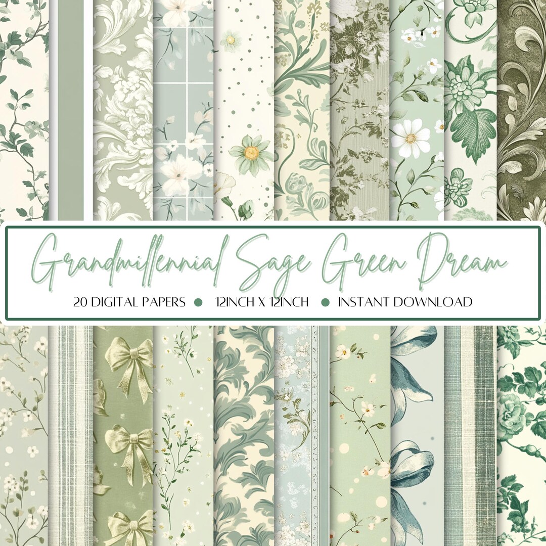 Sage Green Watercolor Digital Paper: Grandmillennial Floral Scrapbook ...