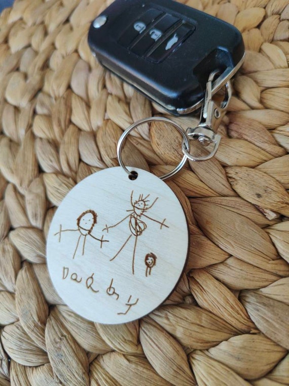 Child's Drawing Key Ring Custom Wooden Key Ring Engraved - Etsy UK