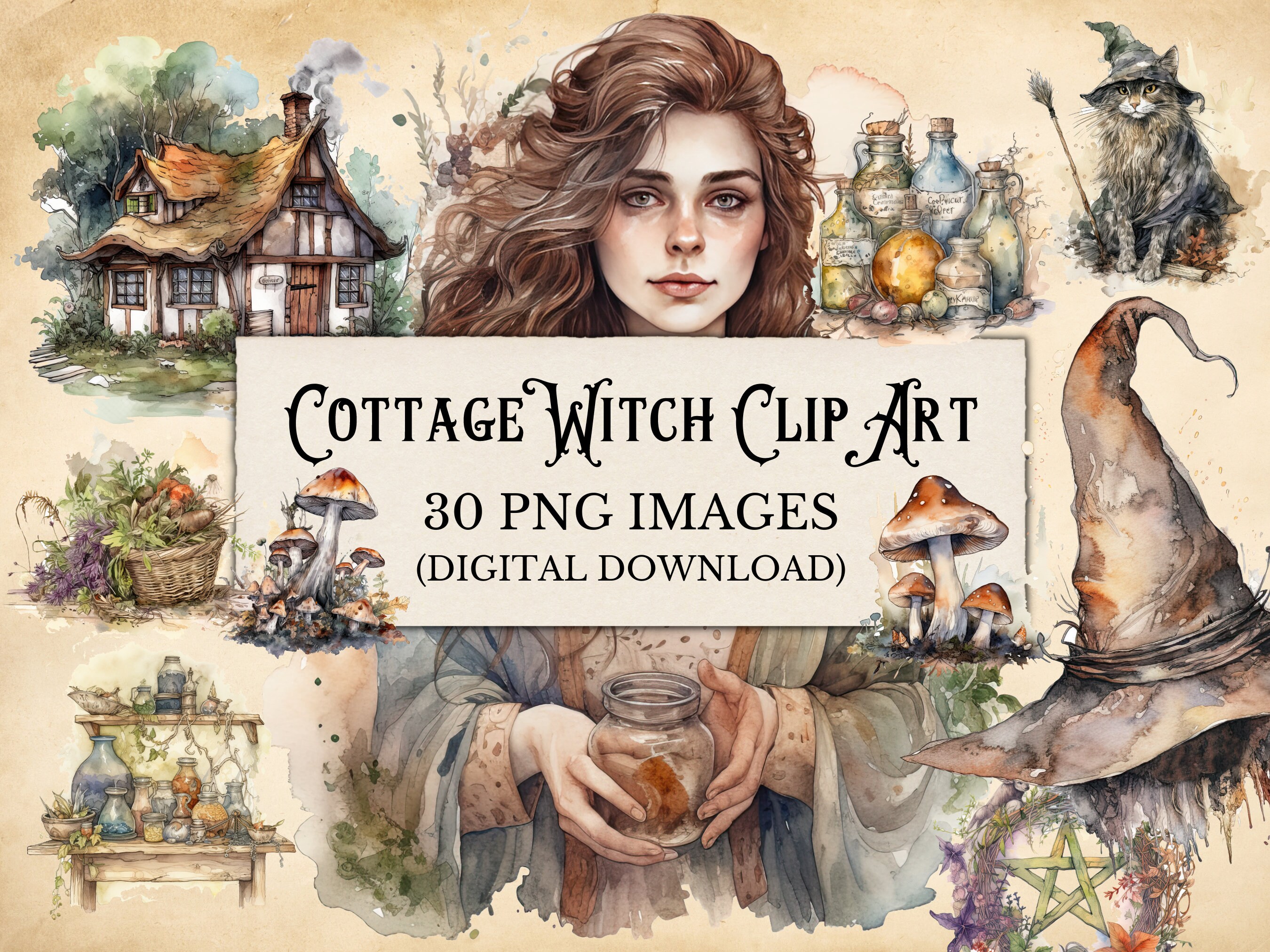 Cottage Witch Clip Art 30 Green Witch Watercolor PNG Digital - Etsy