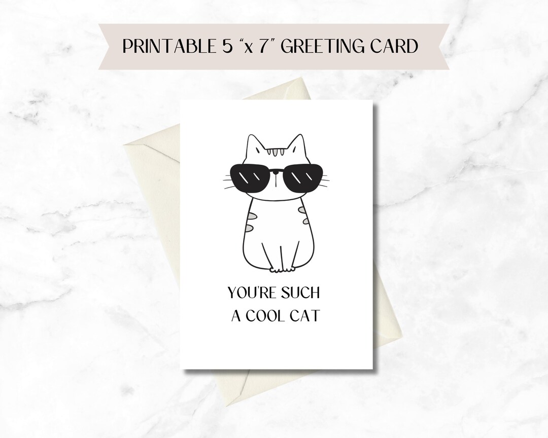 Cool Cat - Cute Printable Love Card - PDF PNG - Instant Download - 5x7 ...