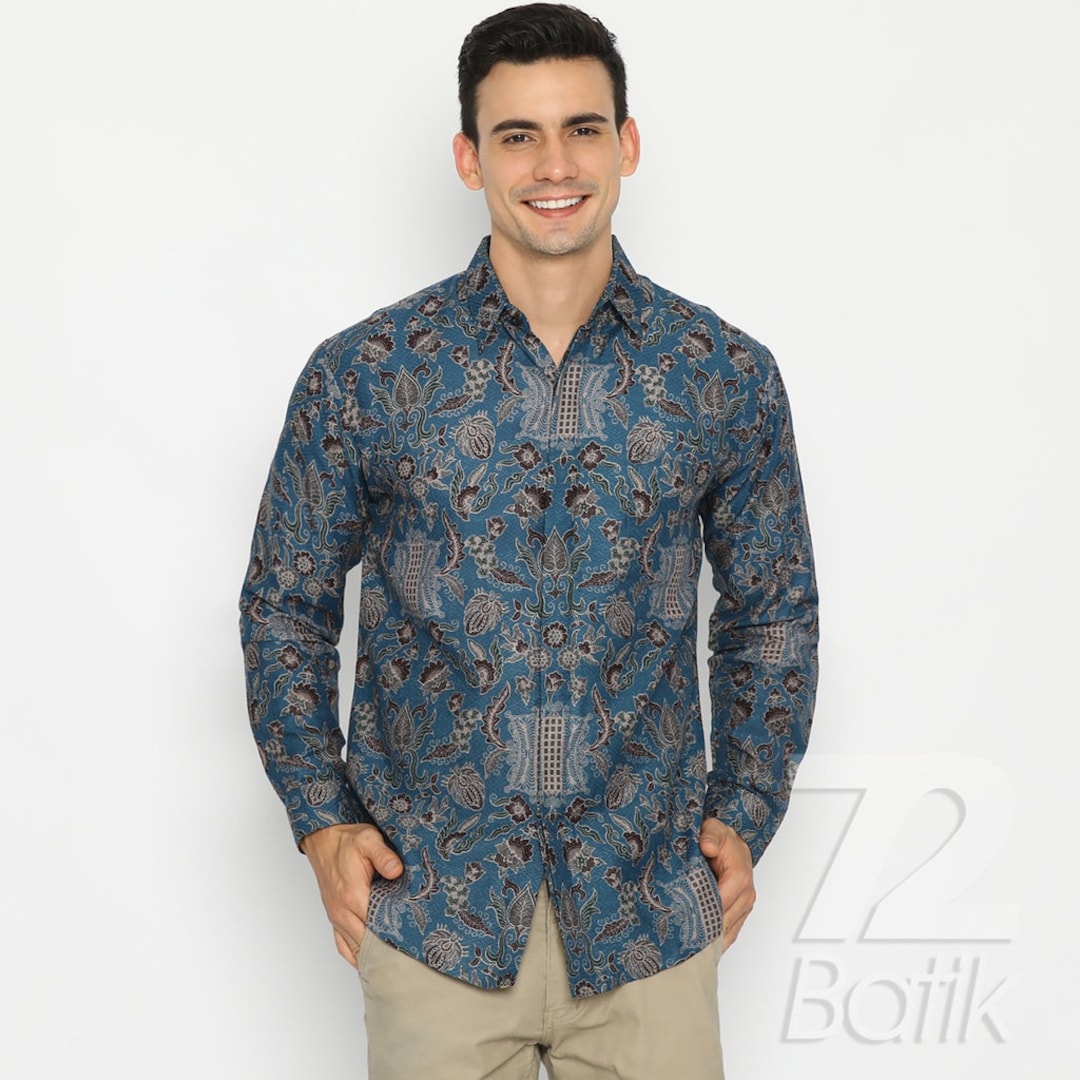 Men's Long Sleeve Batik Shirt: Slim Fit Dobby Cotton, Blue & White - Etsy