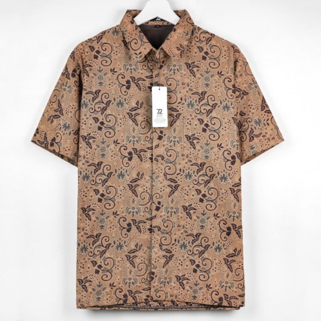 Indonesian Men Batik Short Sleeve Cotton Mega Mendung Brown Cream [made ...
