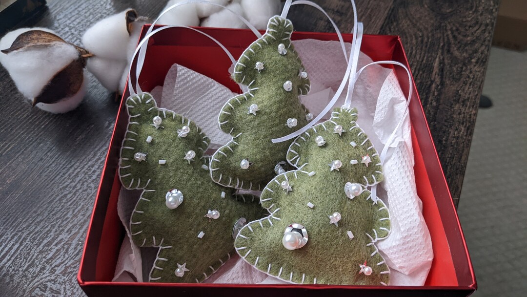 Felt Christmas Tree Ornaments Set, Green Felt Tree Ornament, Embroidery ...
