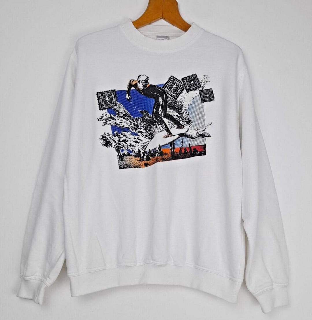 Ocean Pacific Vintage Mens Medium White Grapic Surfer Sweater Jumper ...