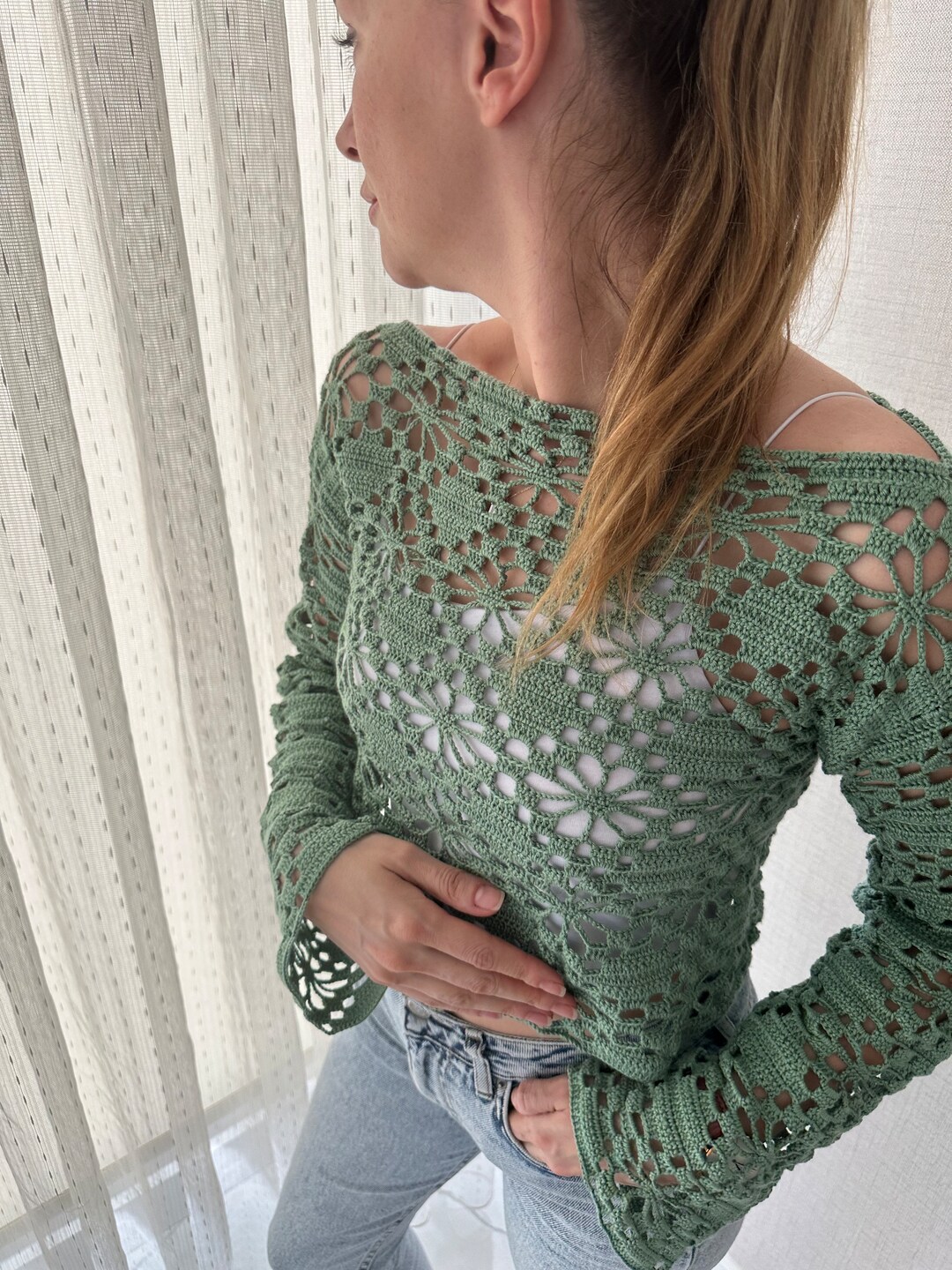 Crochet Long Sleeve Top, Handmade Summer Top, Crochet Vintage Style ...