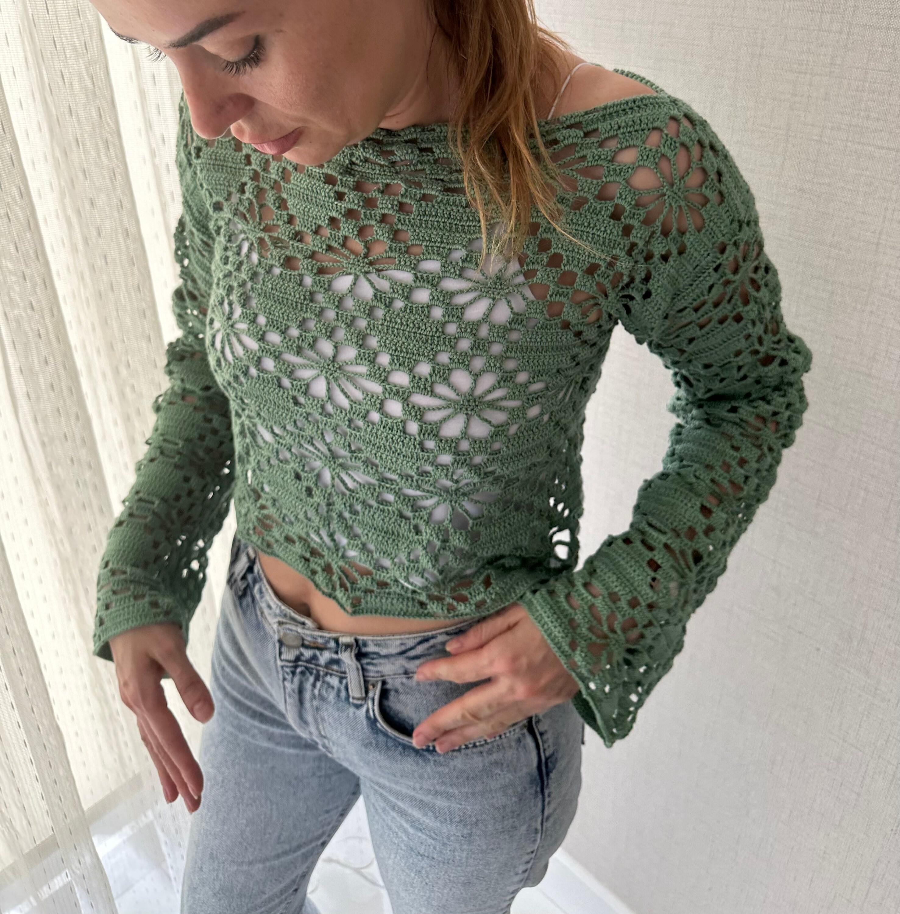 Crochet Long Sleeve Top, Handmade Summer Top, Crochet Vintage Style ...