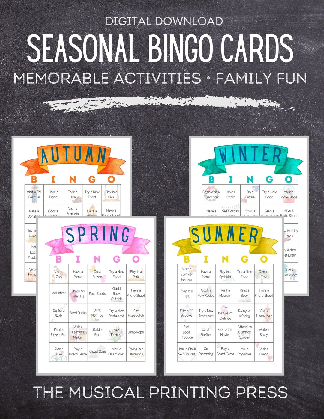 Seasonal Bingo Cards | Family Fun Activities Bucket List | Spring ...