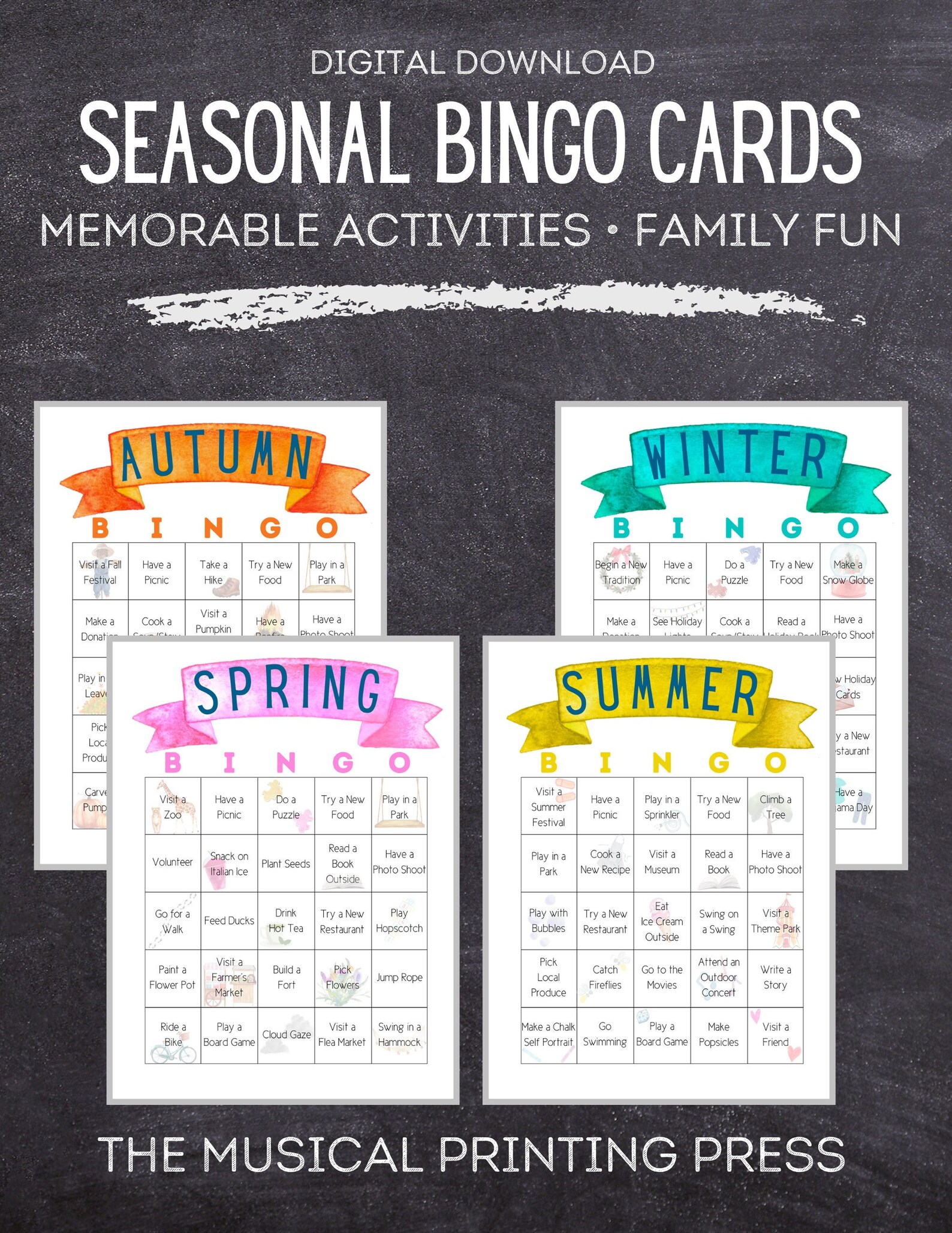 Seasonal Bingo Cards | Family Fun Activities Bucket List | Spring ...