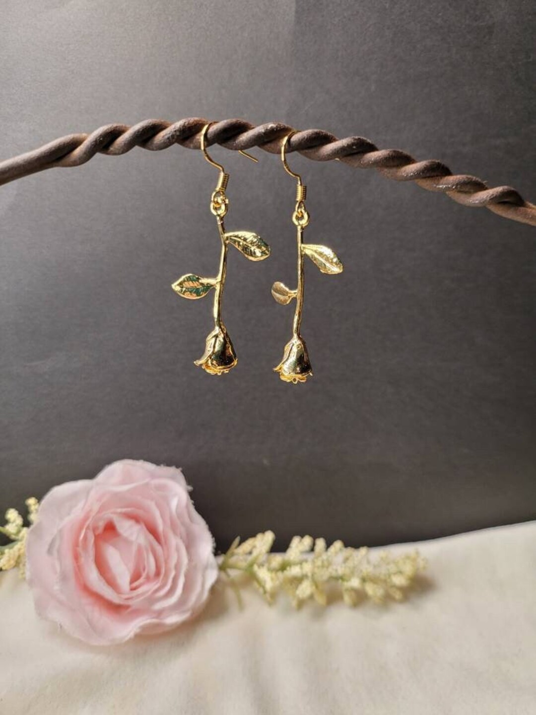 Gold Long Stem Rose Earrings *24k Overlay - Etsy