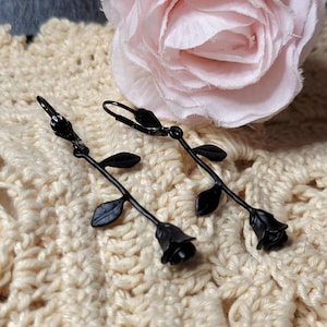 Black Rose Earrings * Black Long Stem Rose Earrings - Etsy