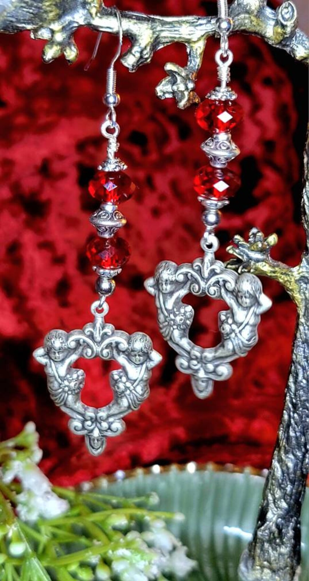 Ruby Red Heart of Angels Drop Earrings - Etsy