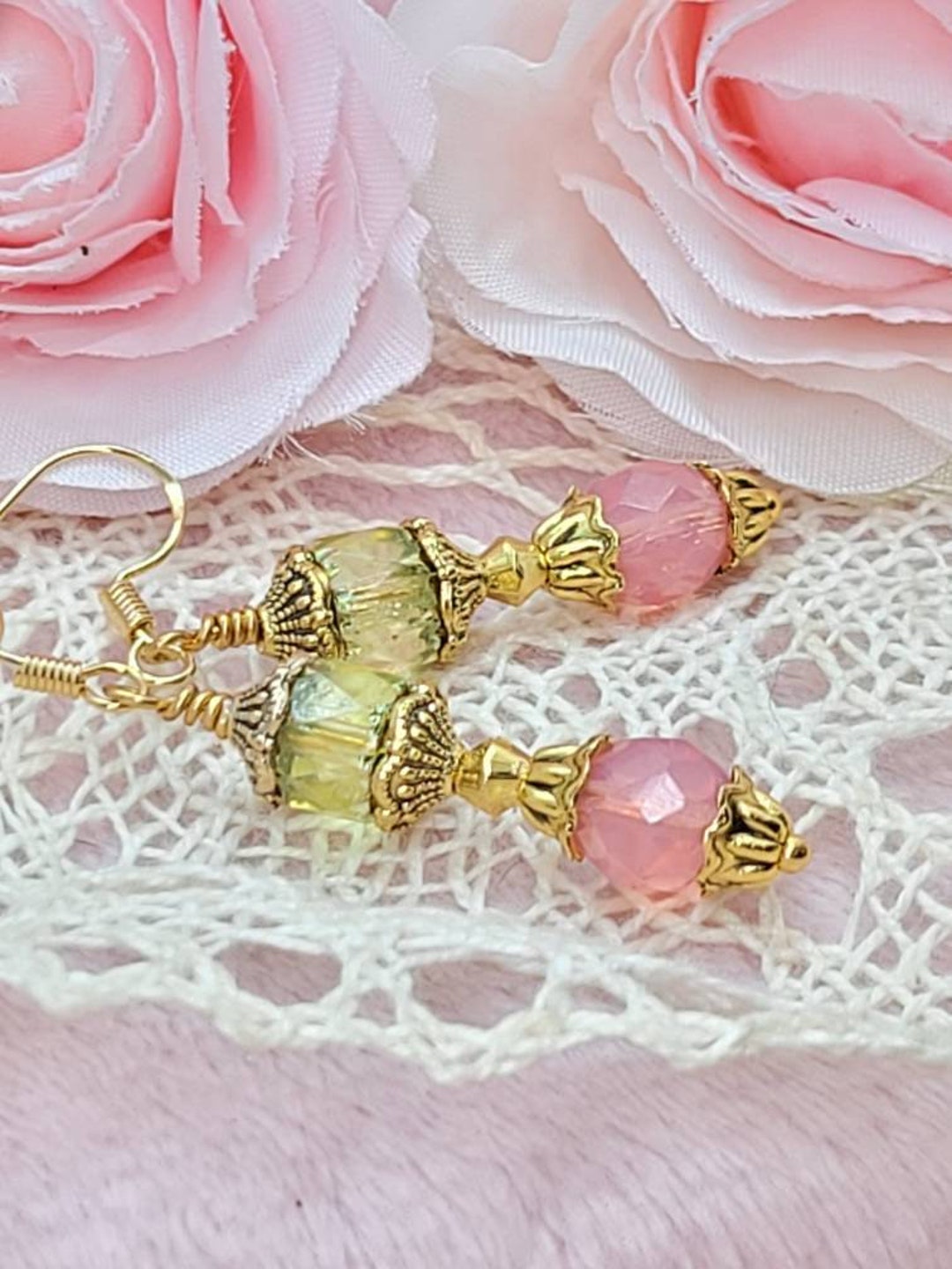 Romantic Victorian Yellow and Pink Earrings in Gold*18k Gold Ear Wires ...