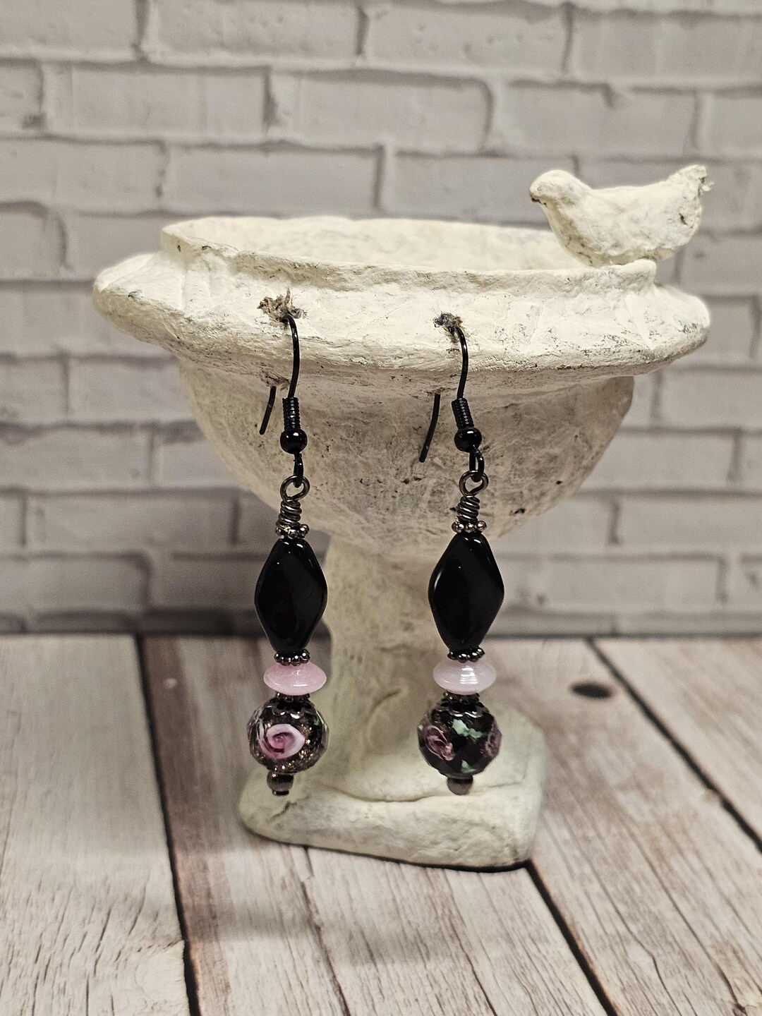 Black Rose Lampwork Bead Earrings: Handmade Floral Jewelry - Etsy