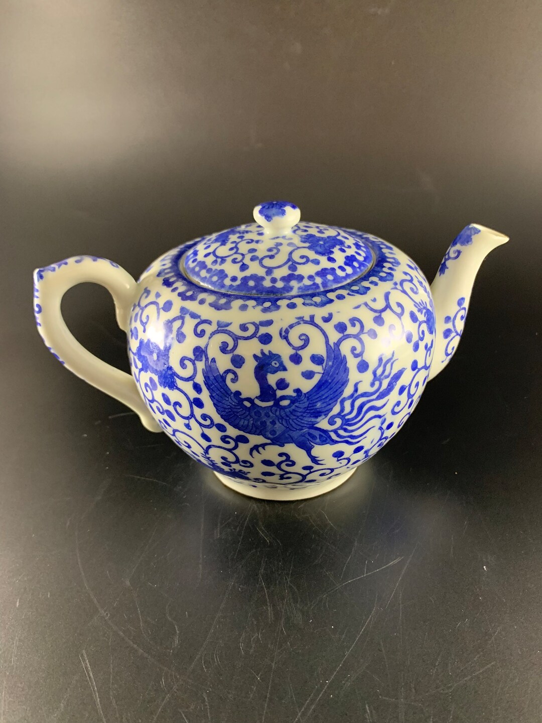 Blue and White Flying Turkey Phoenix Bird Design Porcelain Teapot & Lid ...