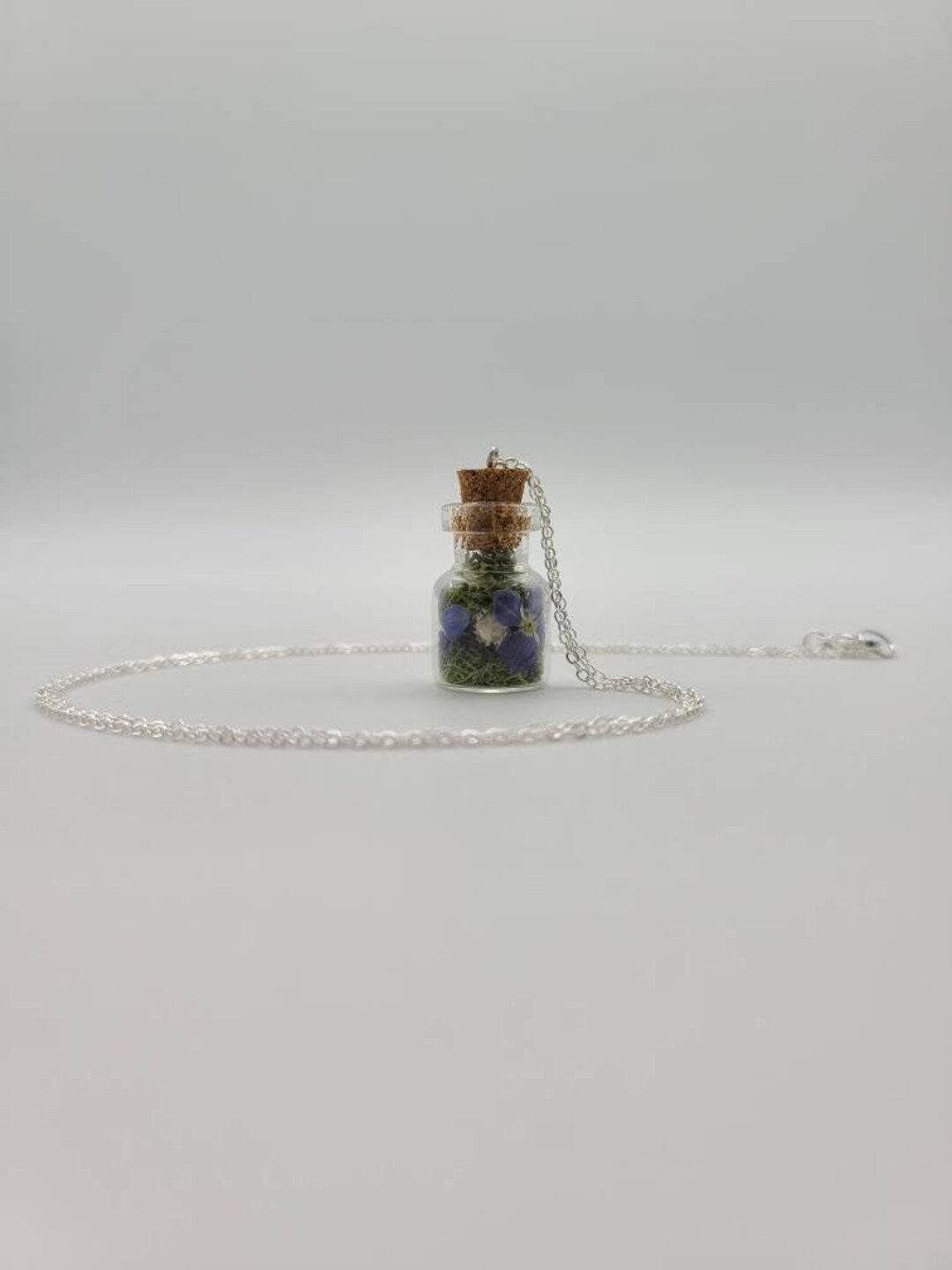Moss and Blue Flower Vial | Clear Glass Vial Pendant | Fairy Vial ...