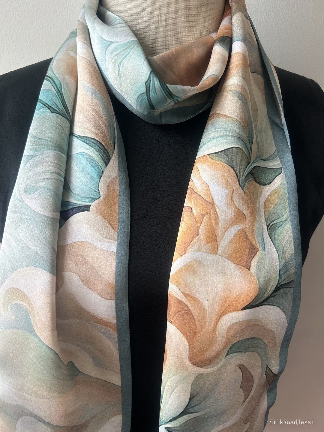 Floral Mulberry Silk Scarf: Spring Colors, Neck Scarf, Headband (59" X ...