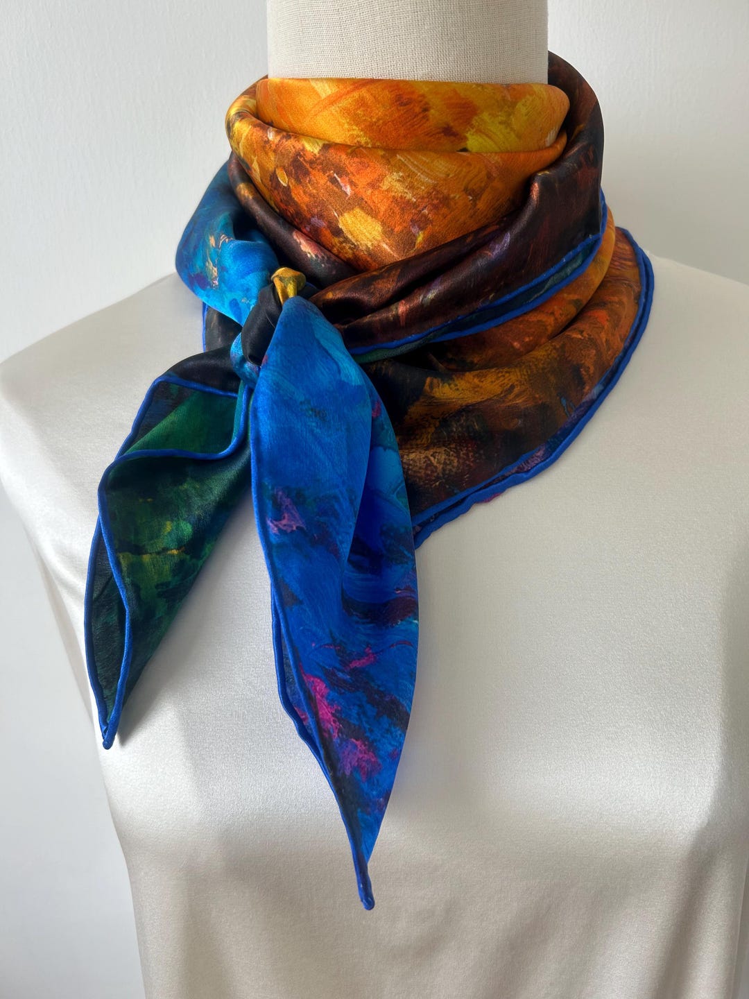 Mulberry Silk Square Scarf: Night Park Scenery, Hand-sewn Edges 35"x35 ...