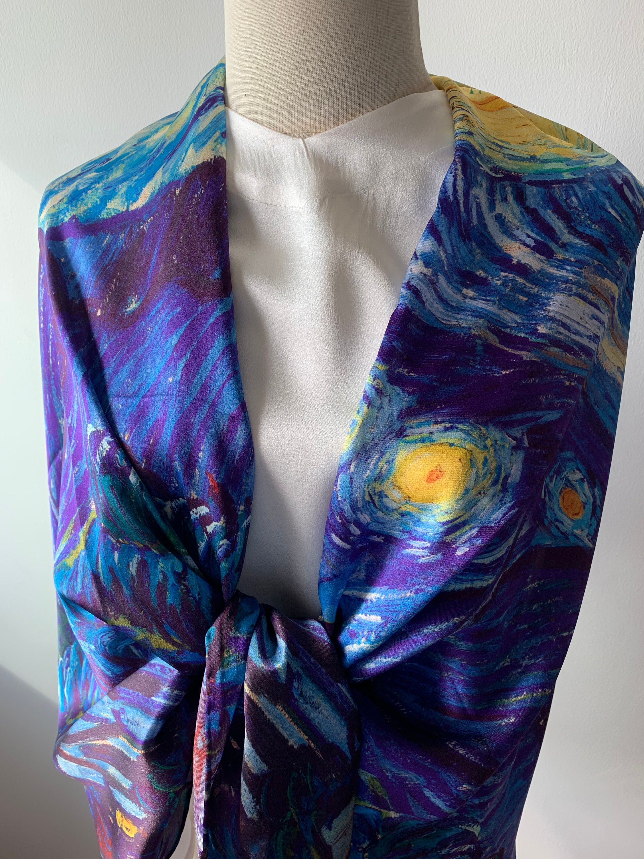 Van Gogh Starry Night Mulberry Silk Scarf: Hand-rolled Blue Purple ...