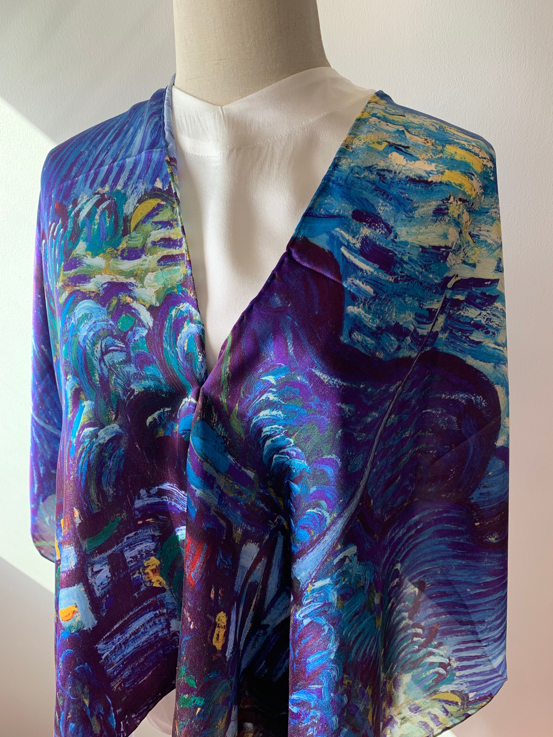 Van Gogh Starry Night Mulberry Silk Scarf: Hand-rolled Blue Purple ...