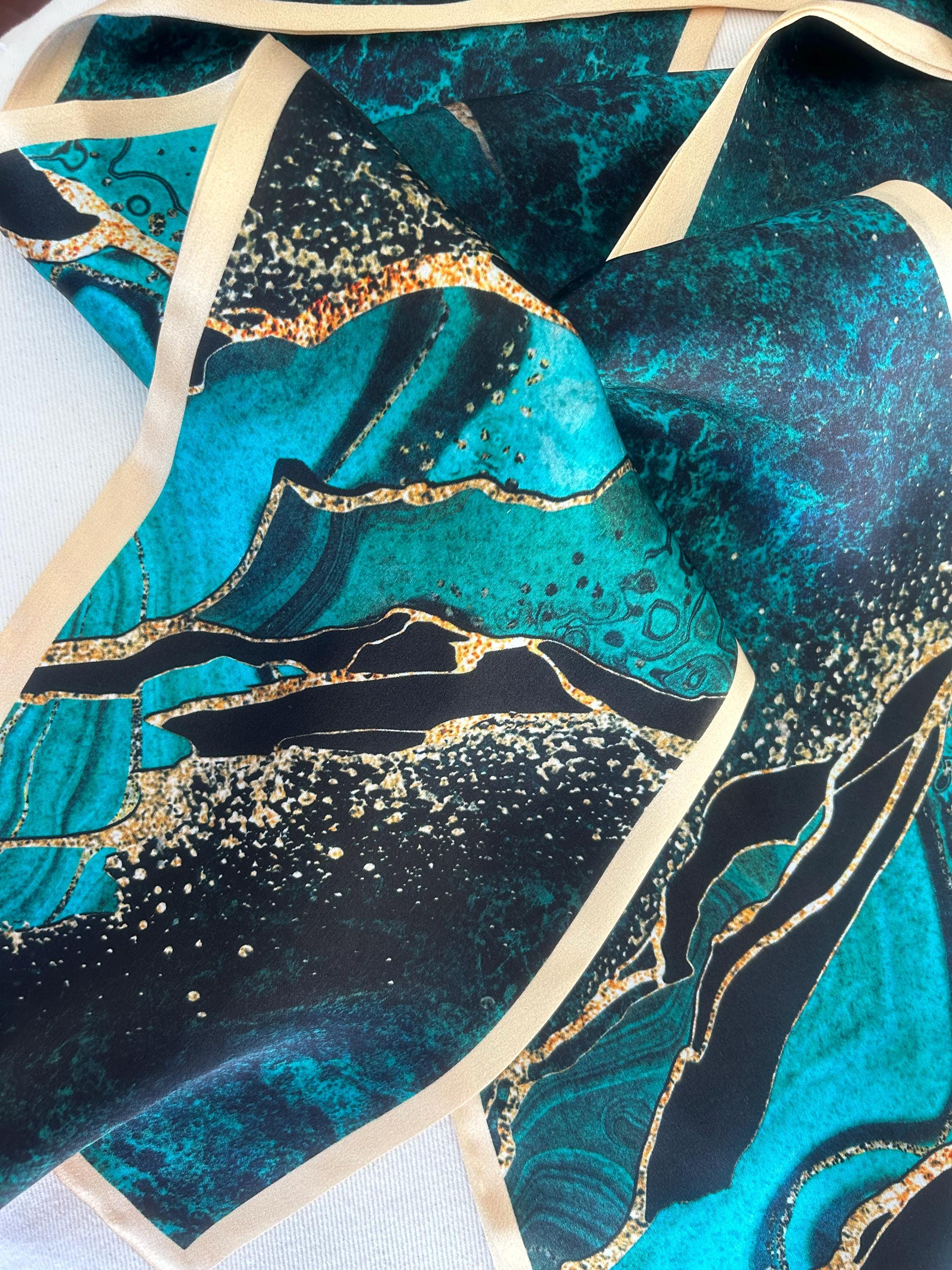 Mulberry Silk Scarf: Blue Golden Magic Waves, Narrow Neck Scarf - Etsy