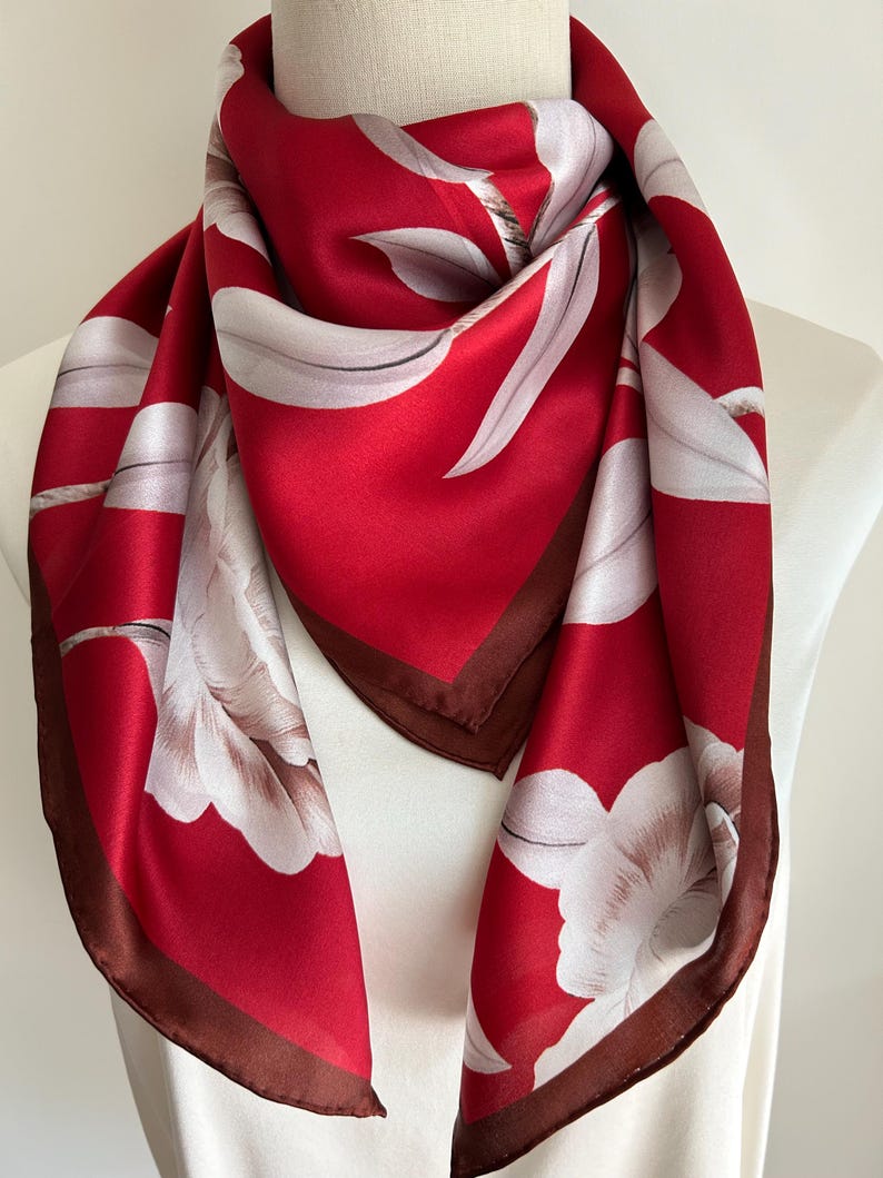 Red Floral Mulberry Silk Scarf: Elegant Oriental Print 35”x35” - Etsy