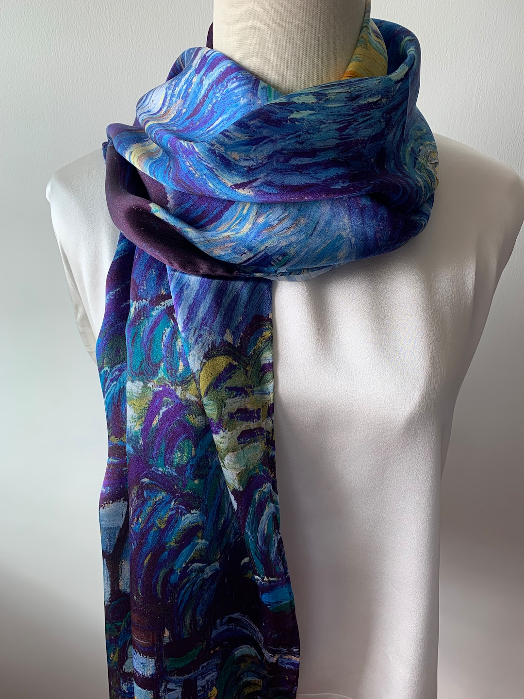 Van Gogh Starry Night Mulberry Silk Scarf: Hand-rolled Blue Purple ...