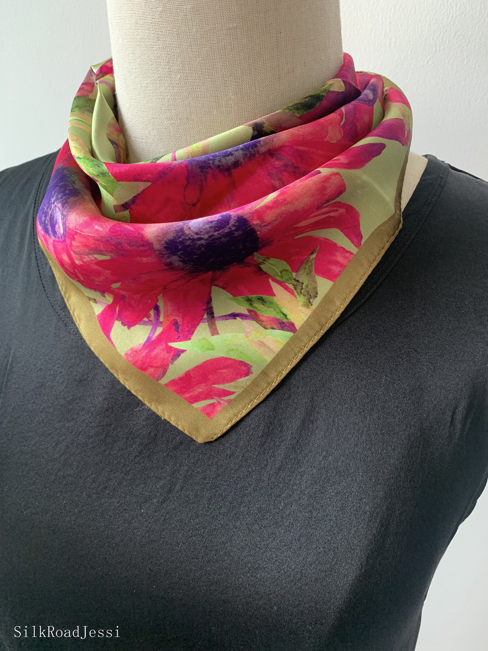 Floral Mulberry Silk Scarf, Fuchsia Pink Neckerchief (21"x21") - Etsy
