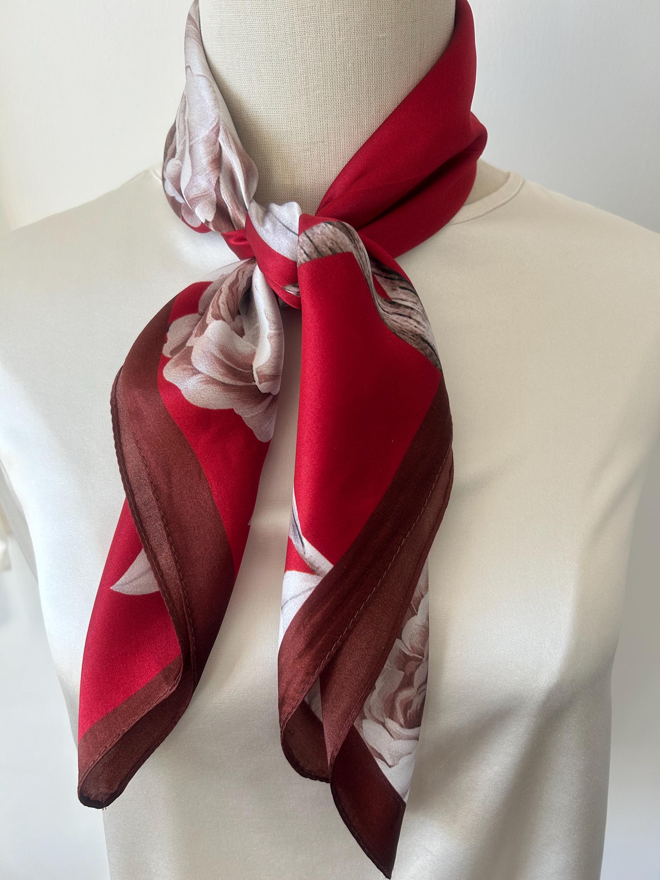 Mulberry Silk Scarf: Red & White Floral Neckerchief (26