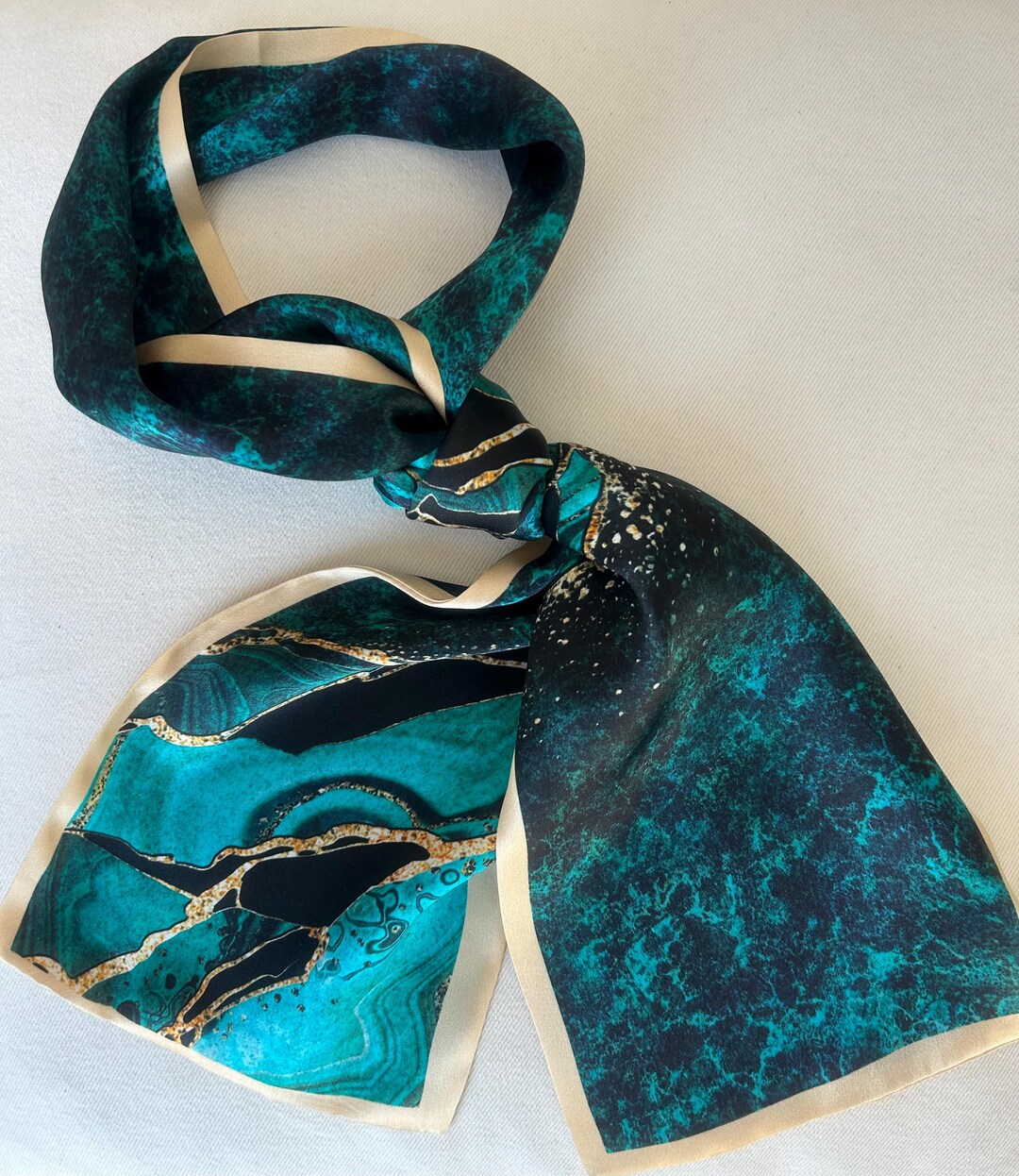 Mulberry Silk Scarf: Blue Golden Magic Waves, Narrow Neck Scarf - Etsy