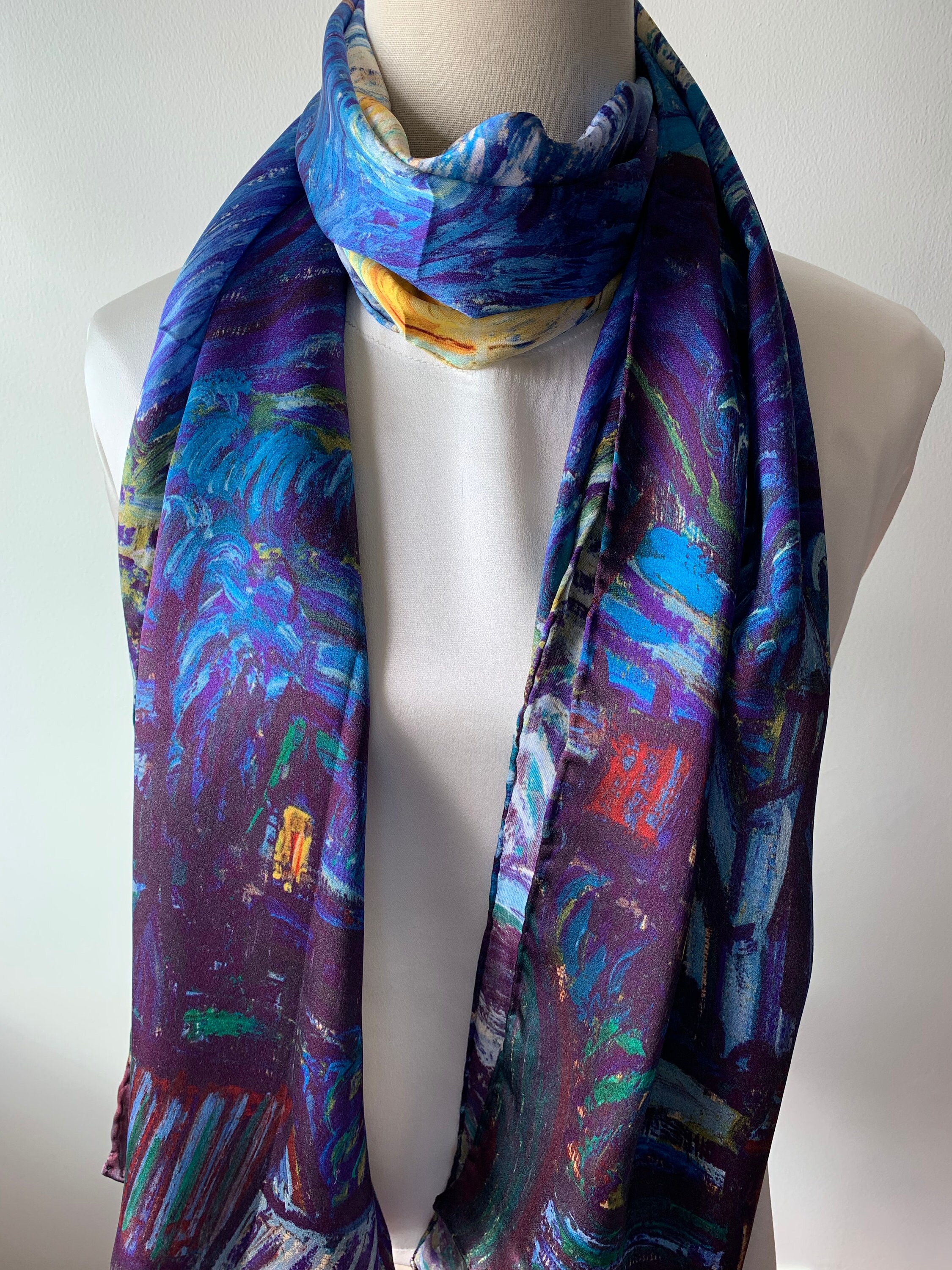 Van Gogh Starry Night Mulberry Silk Scarf: Hand-rolled Blue Purple ...