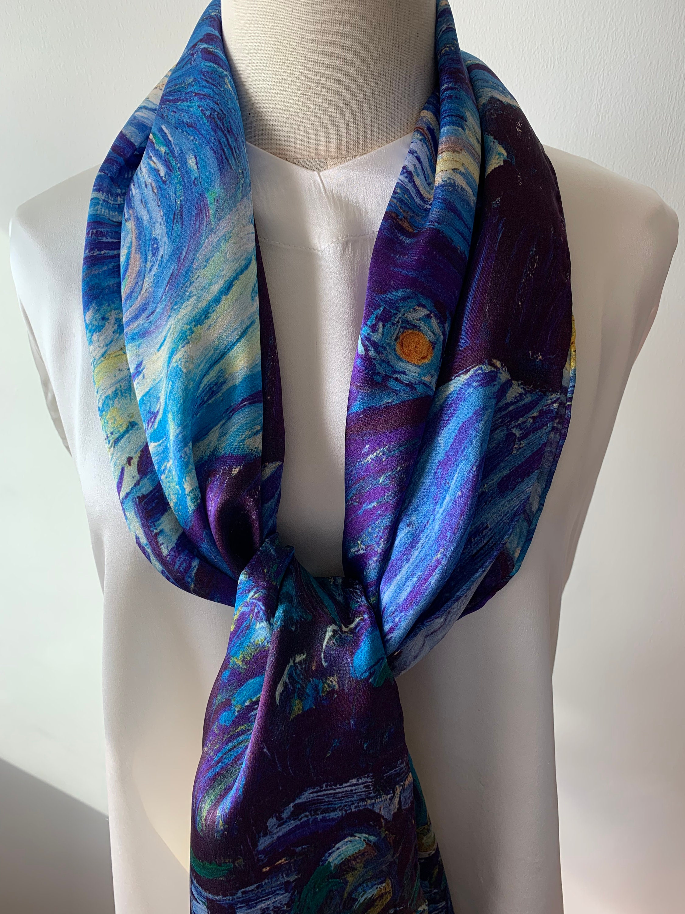Van Gogh Starry Night Mulberry Silk Scarf: Hand-rolled Blue Purple ...