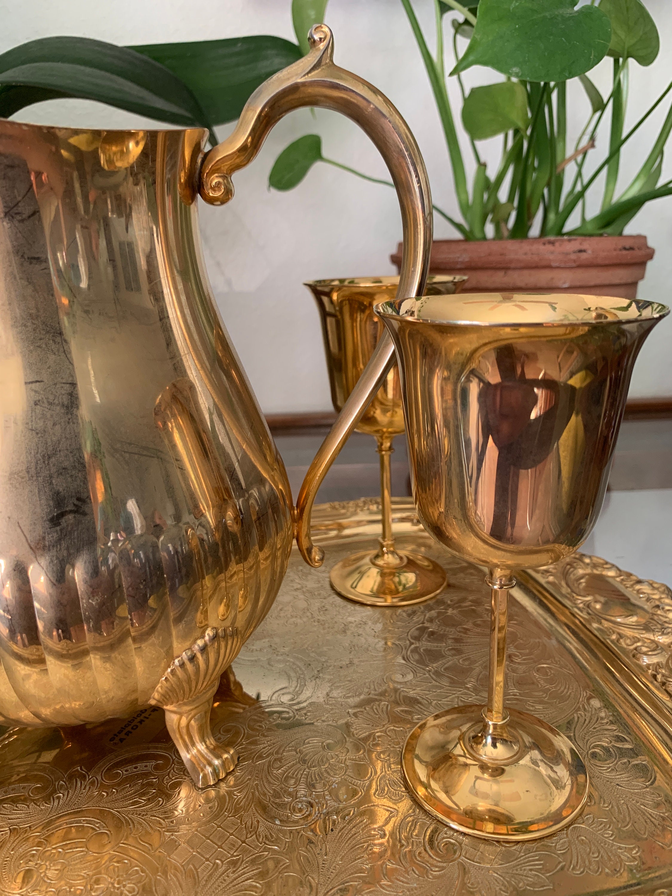 1940's WMF Ikora Germany 24-karat Gold-plated Pitcher Wine Goblets ...