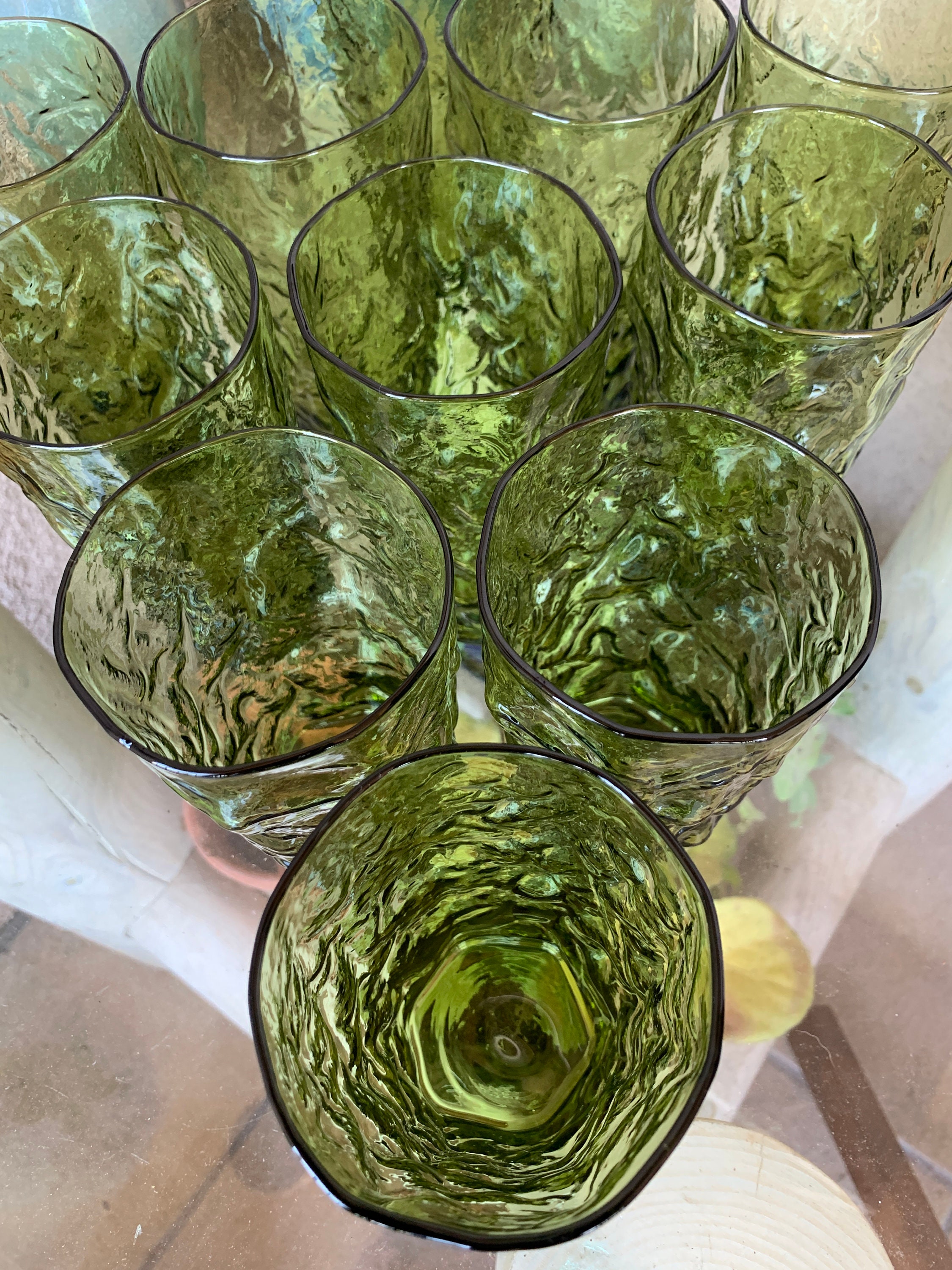 1970s Anchor Hocking Brutalist Crinkle Glass Green Tumbler Cocktail ...