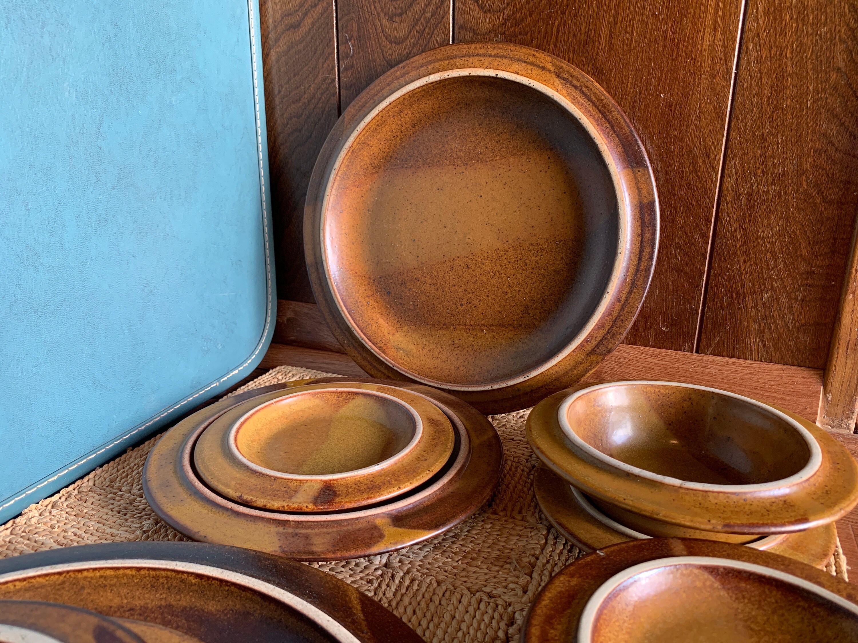 Antique Stoneware Dinnerware Set, Brown Rustic Glazed Pottery, Vintage ...