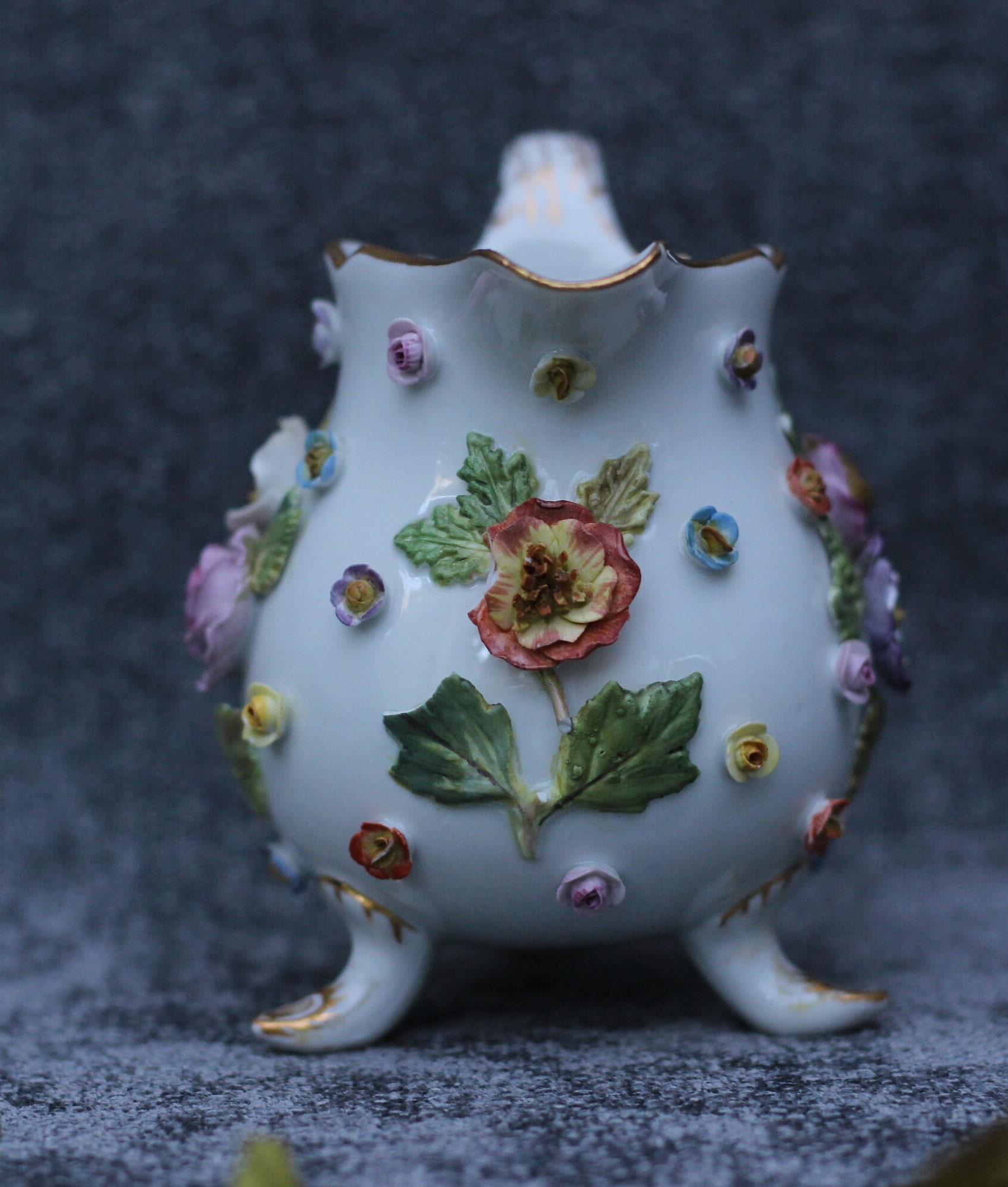 Meissen Antique Porcelain Miniature Footed Floral Creamer, Gold Gild ...