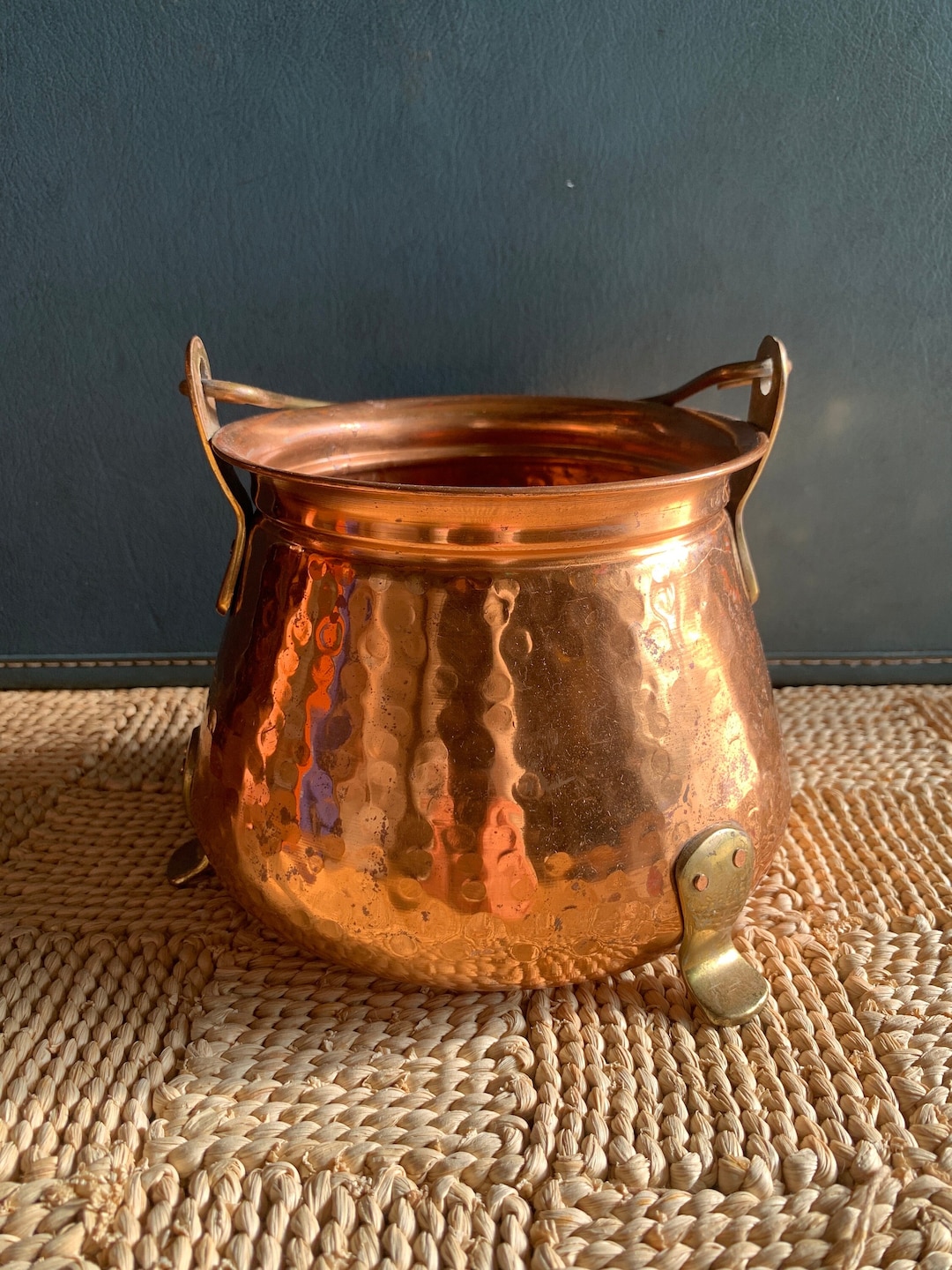Vintage Hammered Copper & Brass Footed Small Decorative Bucket, Rustic ...