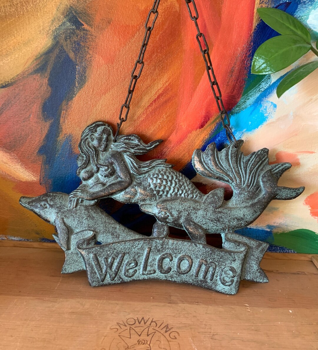Antiqued Cast Iron Mermaid & Dolphin Welcome Sign | Hanging Door Sign ...