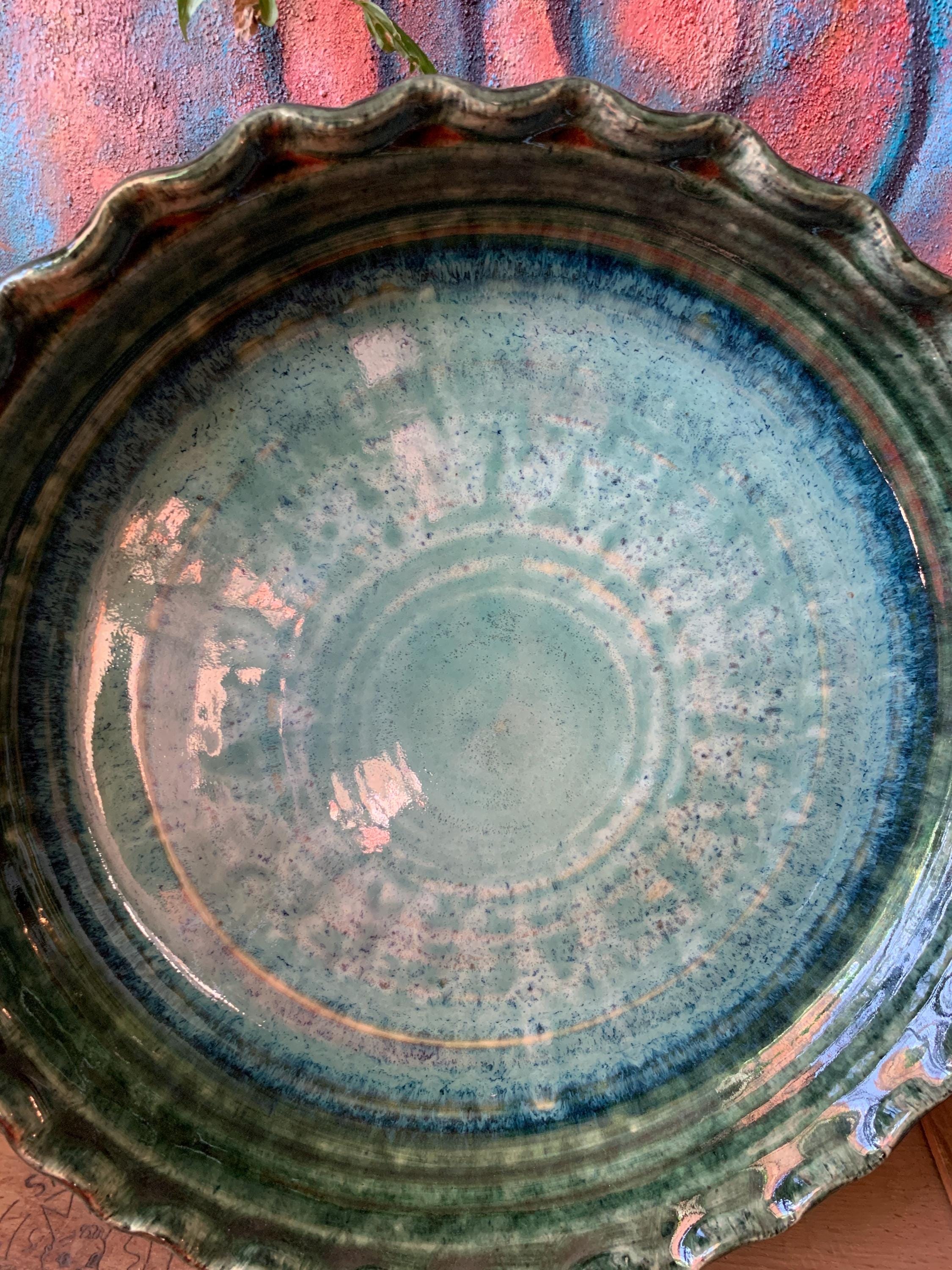 1999 Signed Judy Smith Pottery Console Bowl or Platter, Speckled Blue ...