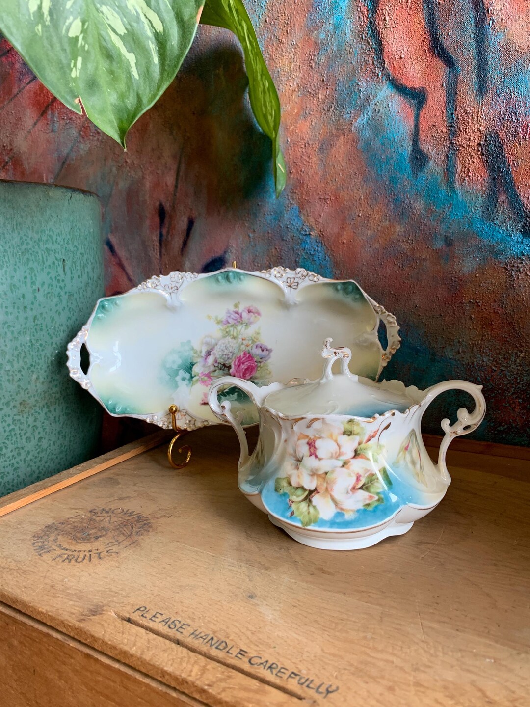 1900s RS Prussia Fine Porcelain, Hand-painted Blue Pink Florals & Gold ...